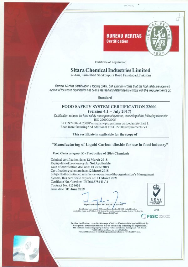 FSSC 22000 Food Safety System Certification - Sitara Chemical Industries Ltd.